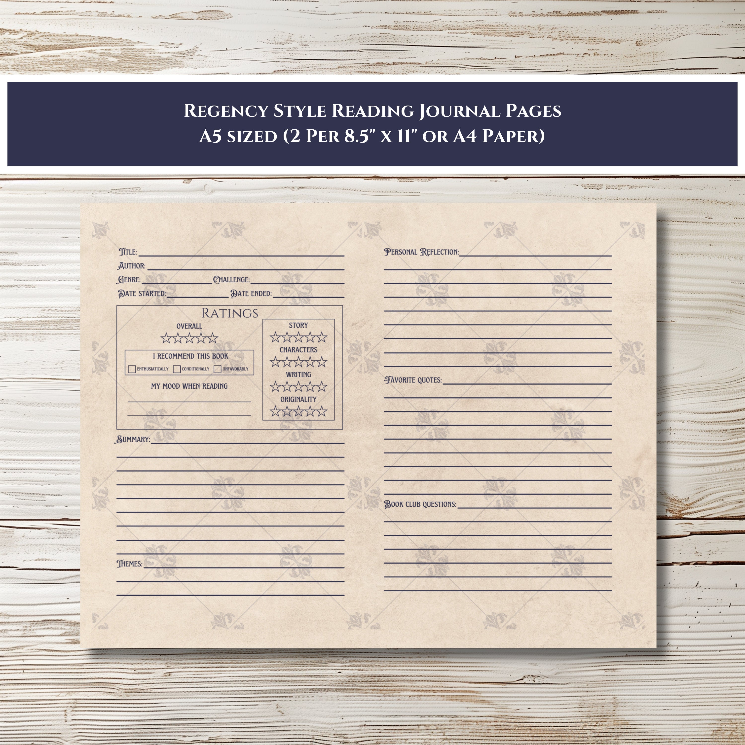 Reading Journal Pages - Printable Book Review Template - Blush and Navy ...