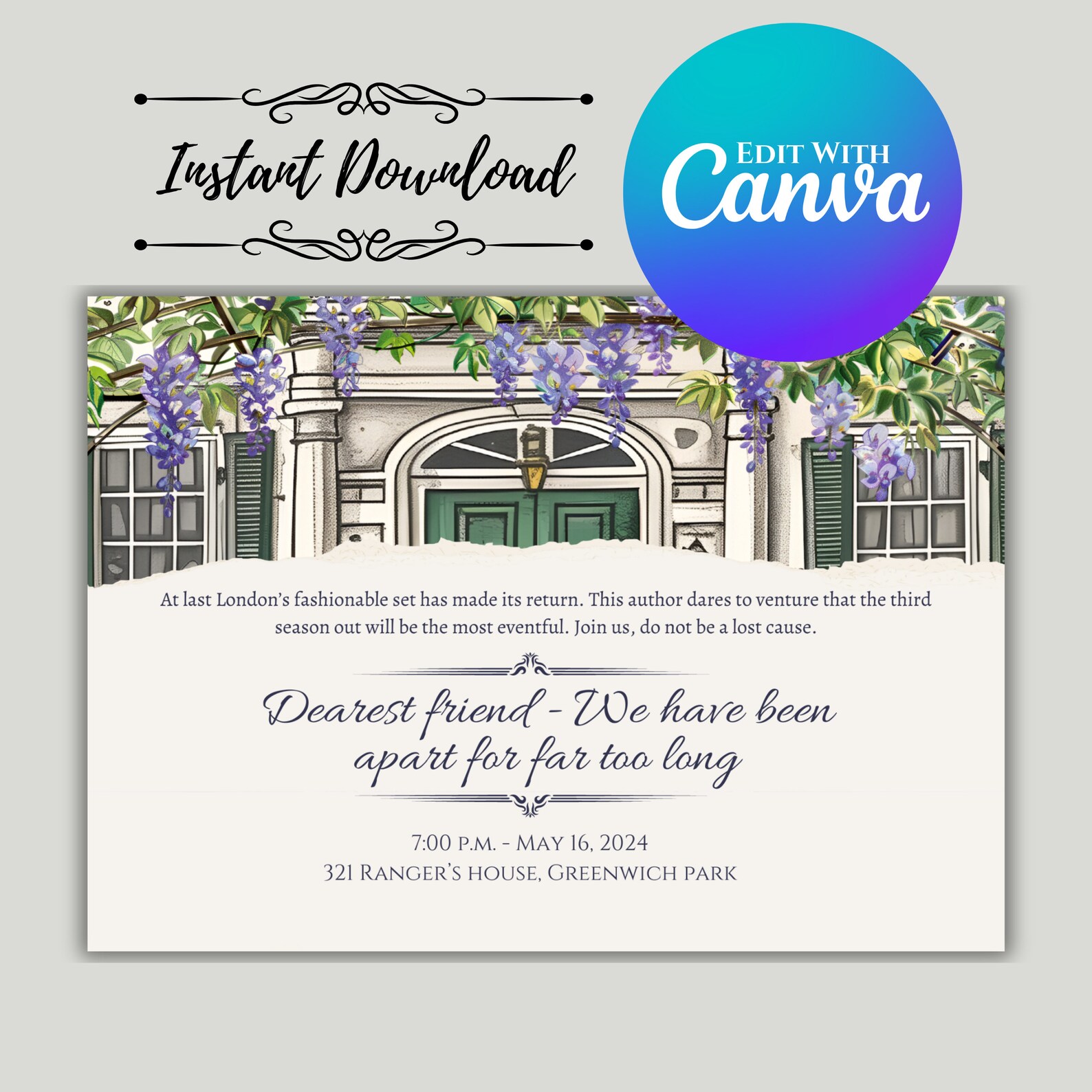Editable Regency Watch Party Invitation Wisteria Framing a Georgian ...