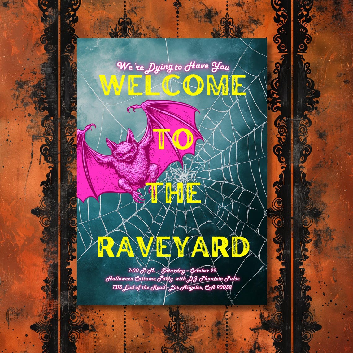 Halloween Rave Party Invitation: Retro Neon Vampire Bat (editable ...