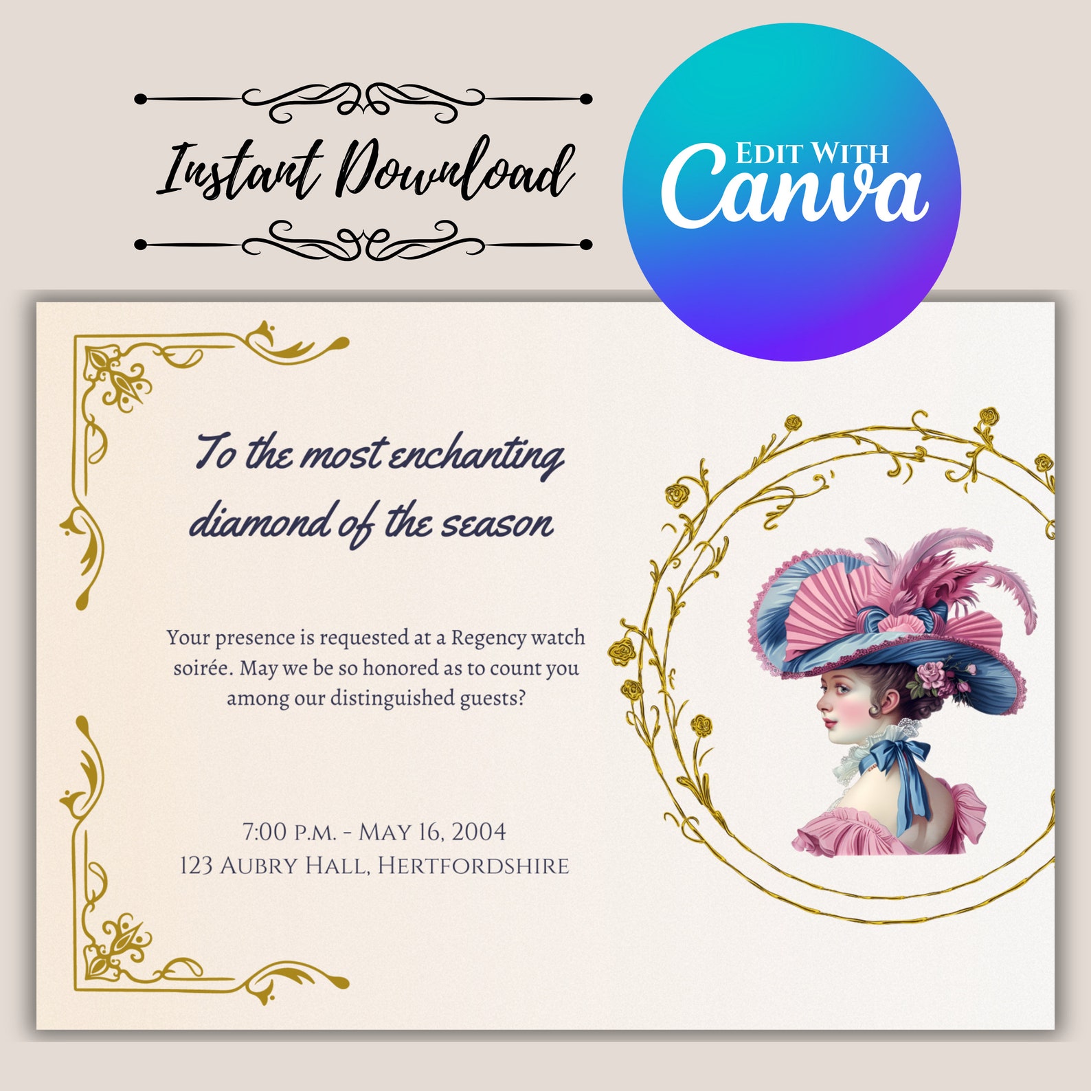 Editable Regency Watch Party Invitation Elegant Portrait of Lady in a ...