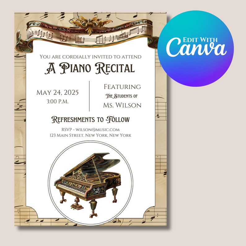 Editable Piano Recital Invitation - for Teachers, Performers, or ...