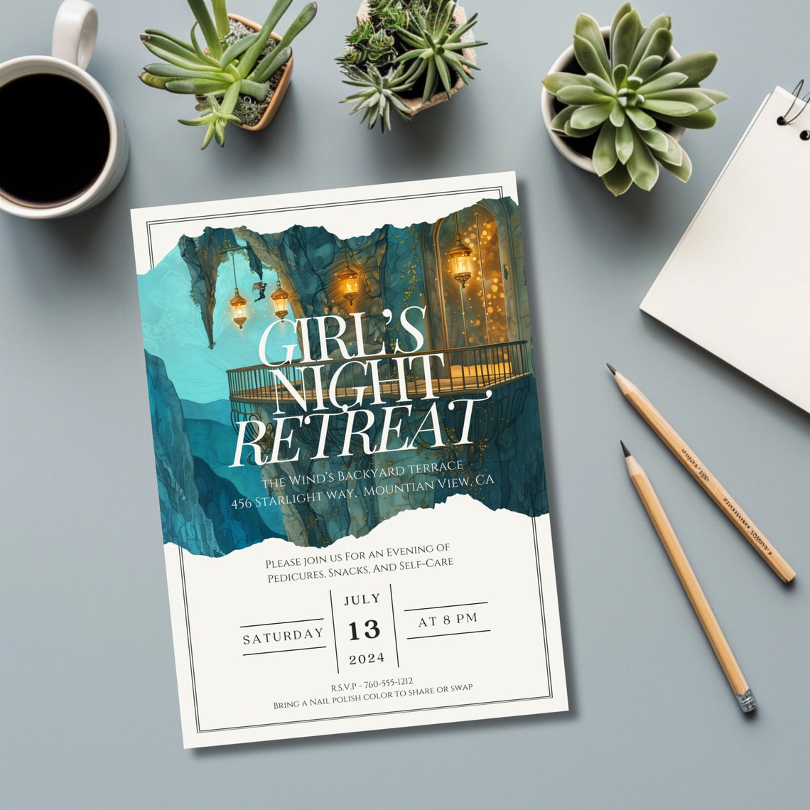 Editable Girl's Spa Night Invitation - Starry Terrace With Winged Fae ...