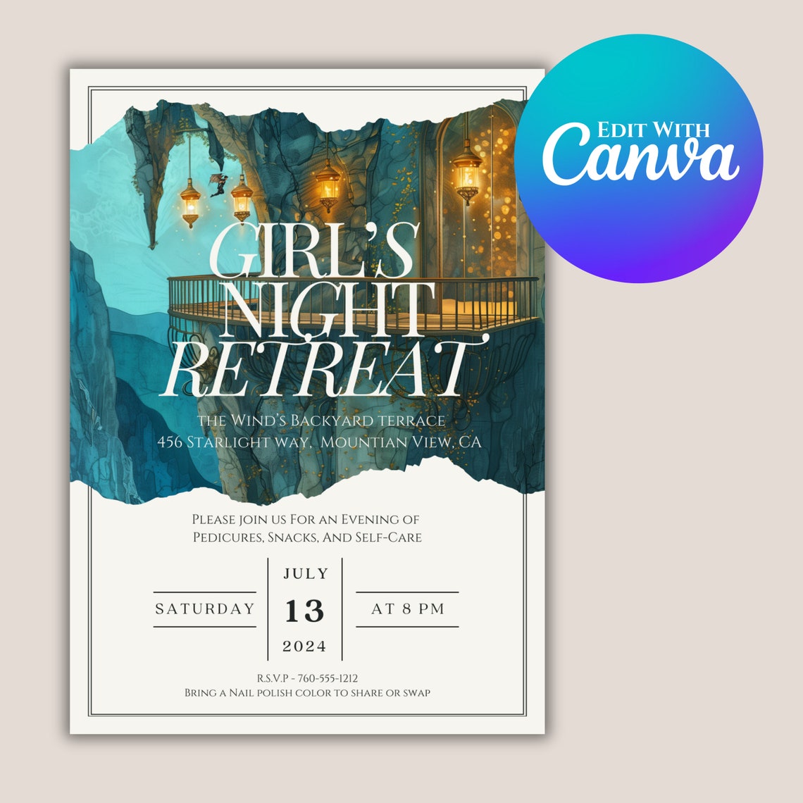 Editable Girl's Spa Night Invitation - Starry Terrace With Winged Fae ...