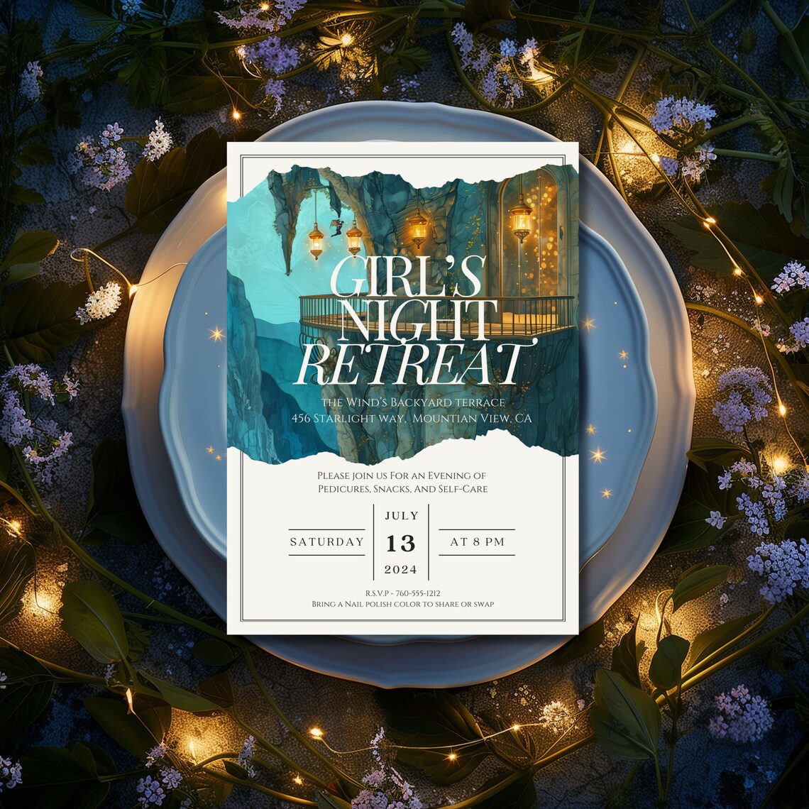 Editable Girl's Spa Night Invitation - Starry Terrace With Winged Fae ...