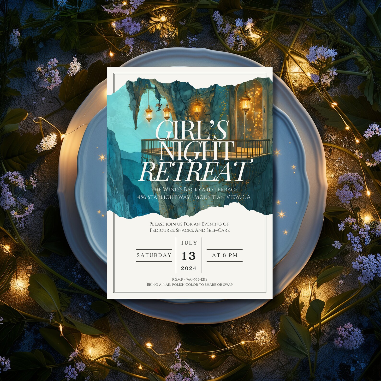 Editable Girl's Spa Night Invitation - Starry Terrace With Winged Fae ...