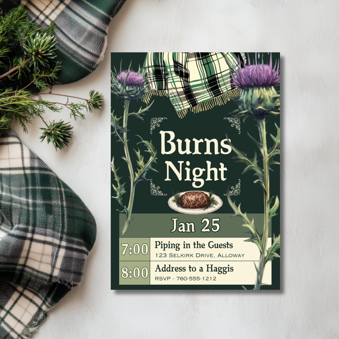 Burns Night Editable Invitation - Scottish Thistle, Tartan, and Haggis ...