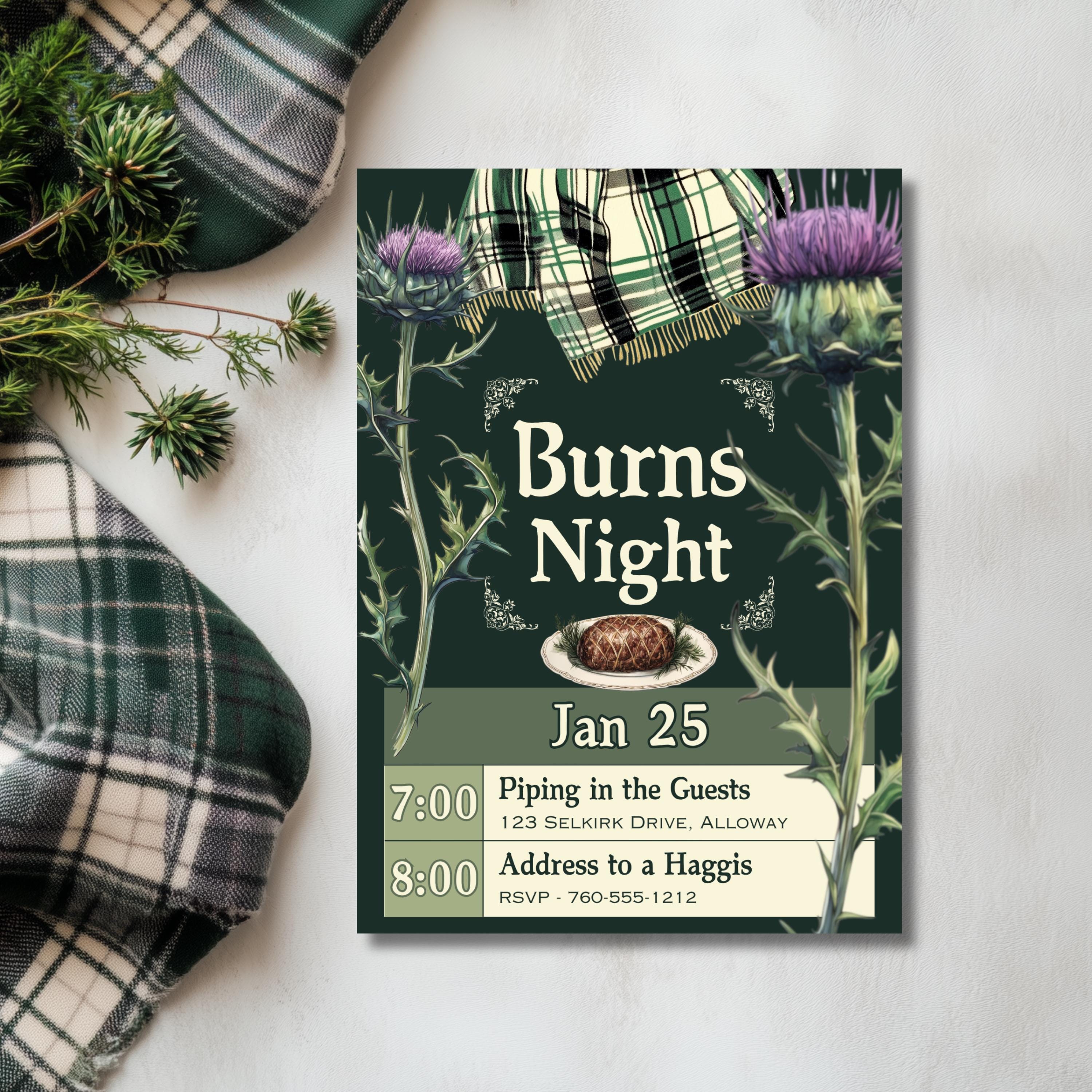 Burns Night Editable Invitation - Scottish Thistle, Tartan, and Haggis ...