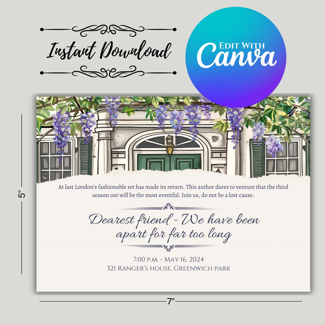 Editable Regency Party Invitation - Wisteria Framing a Georgian Facade ...