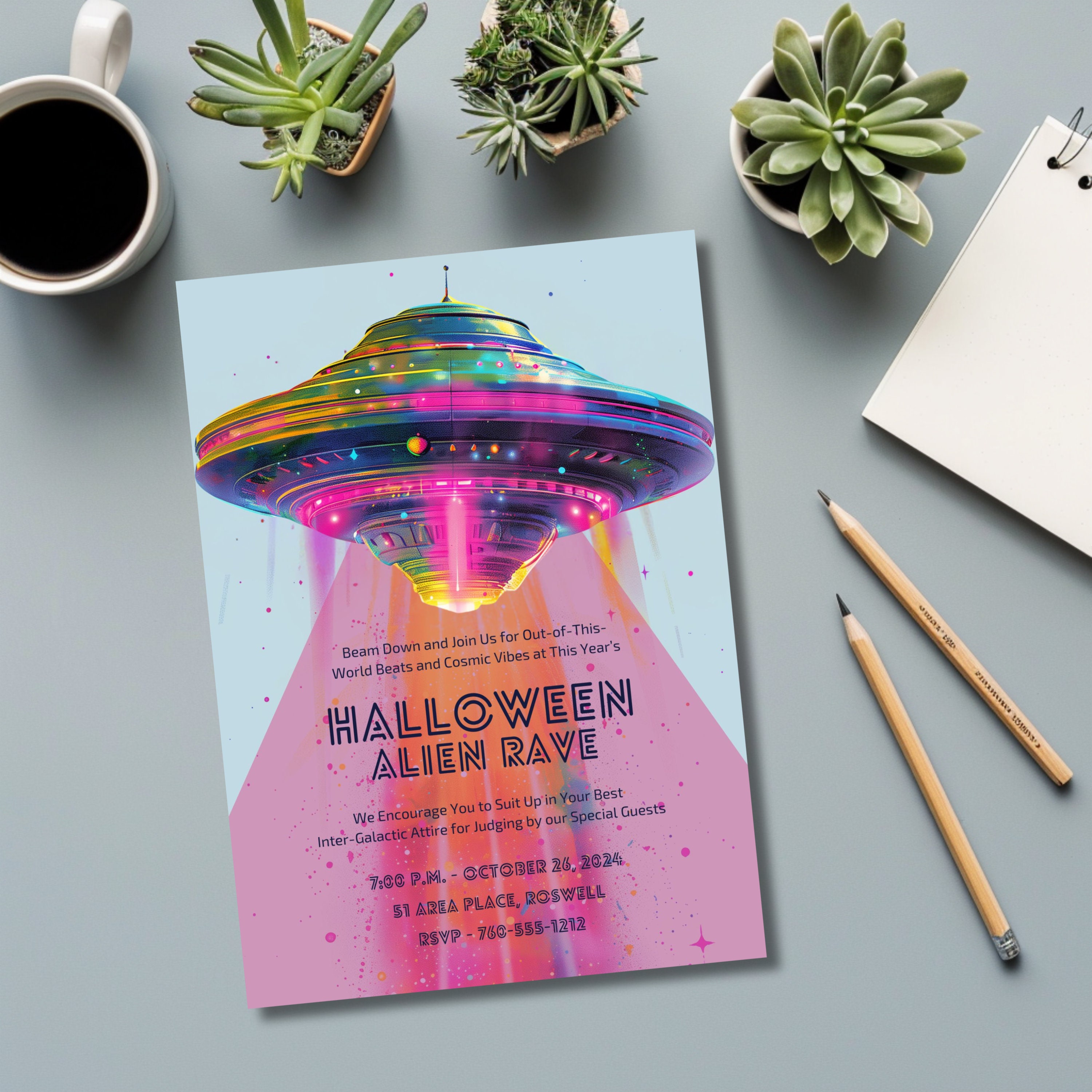 Editable Halloween Alien Rave Party Invitation - Retro-futurism UFO ...