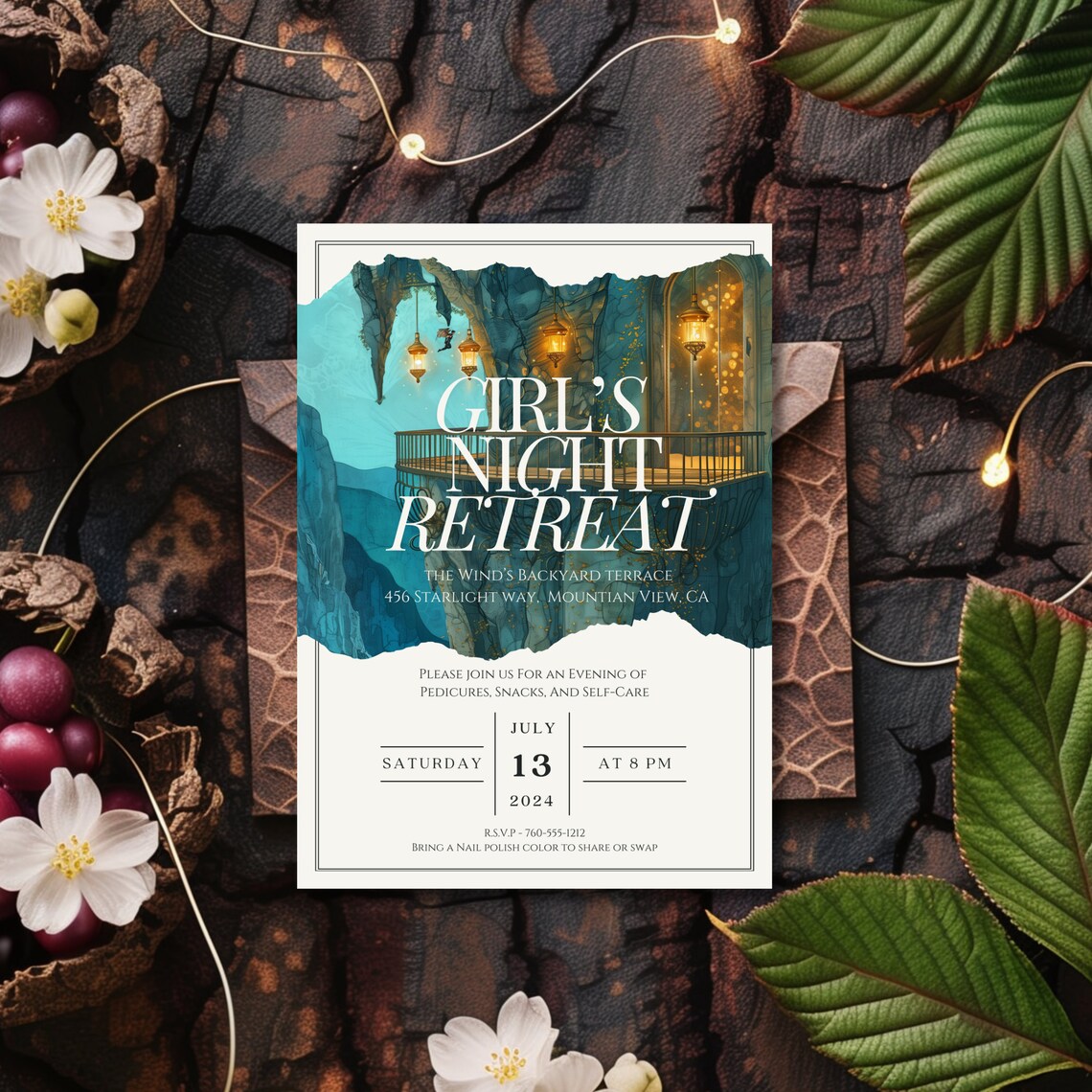 Editable Girl's Spa Night Invitation - Starry Terrace With Winged Fae ...