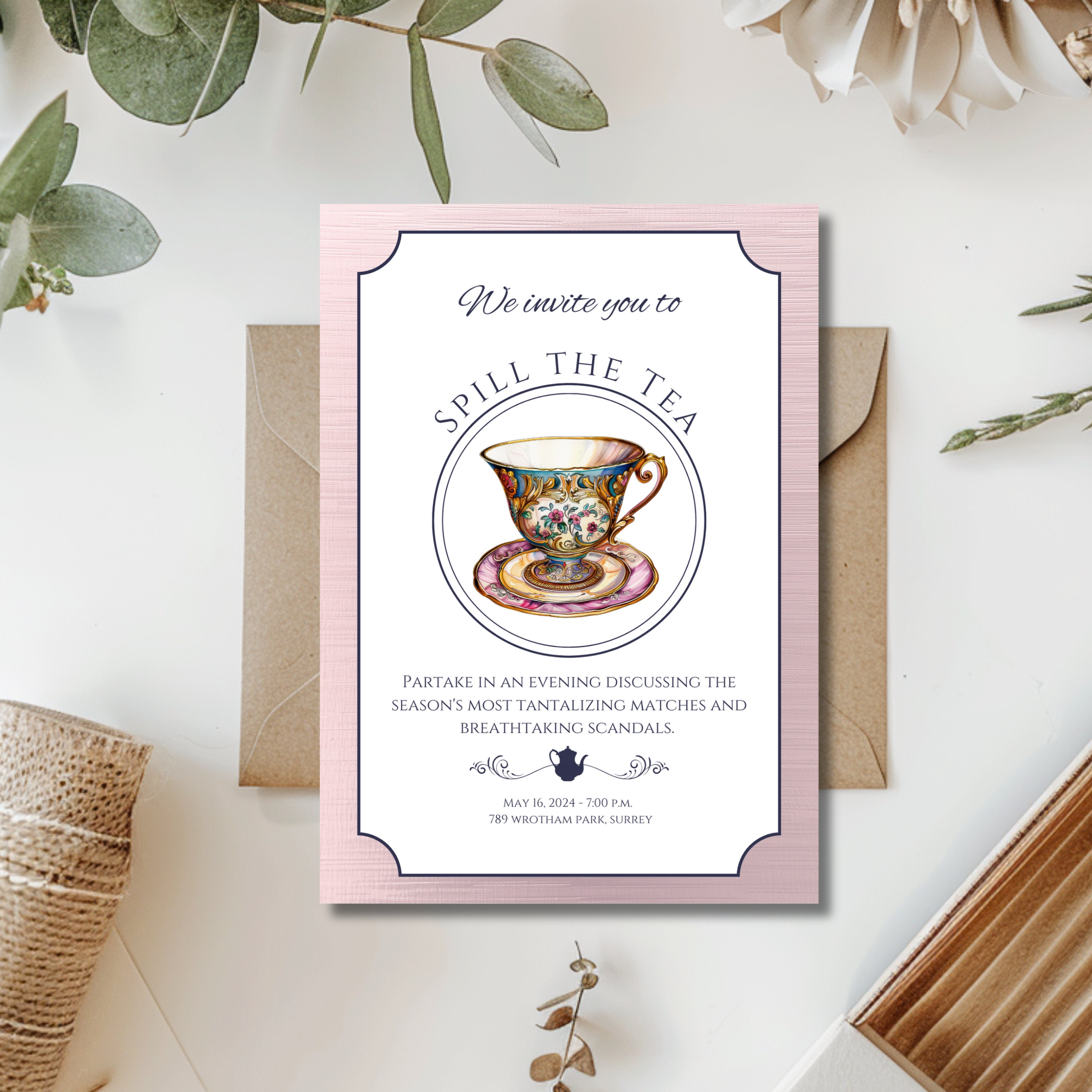 Editable Regency Tea Party Invitation - Spill the Tea With Floral ...