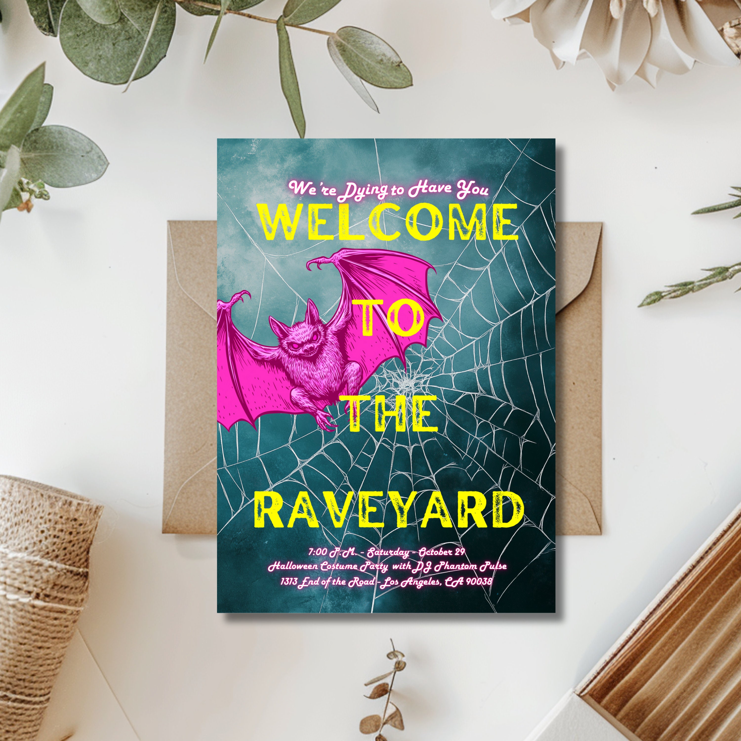 Halloween Rave Party Invitation: Retro Neon Vampire Bat (editable ...