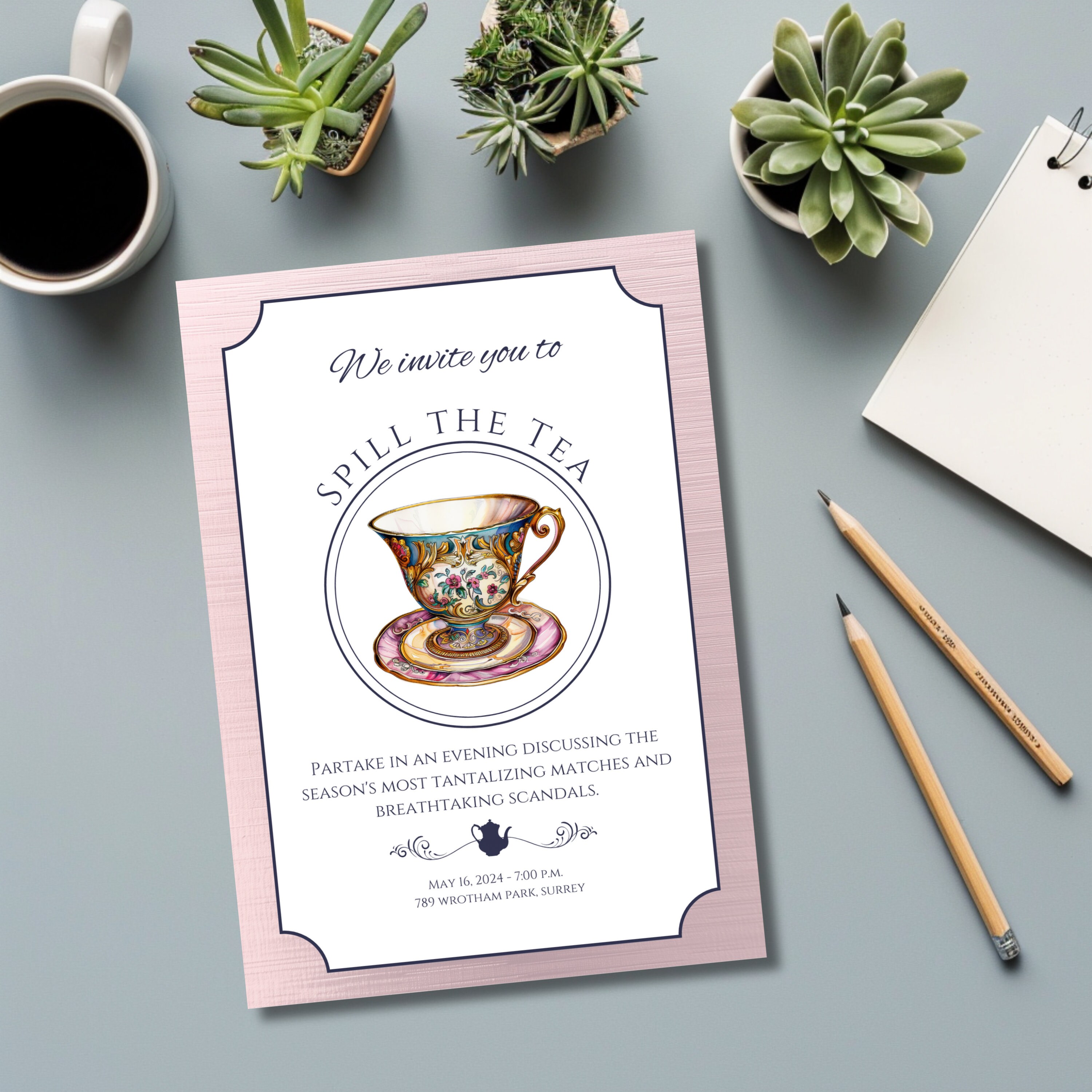 Editable Regency Tea Party Invitation - Spill the Tea With Floral ...