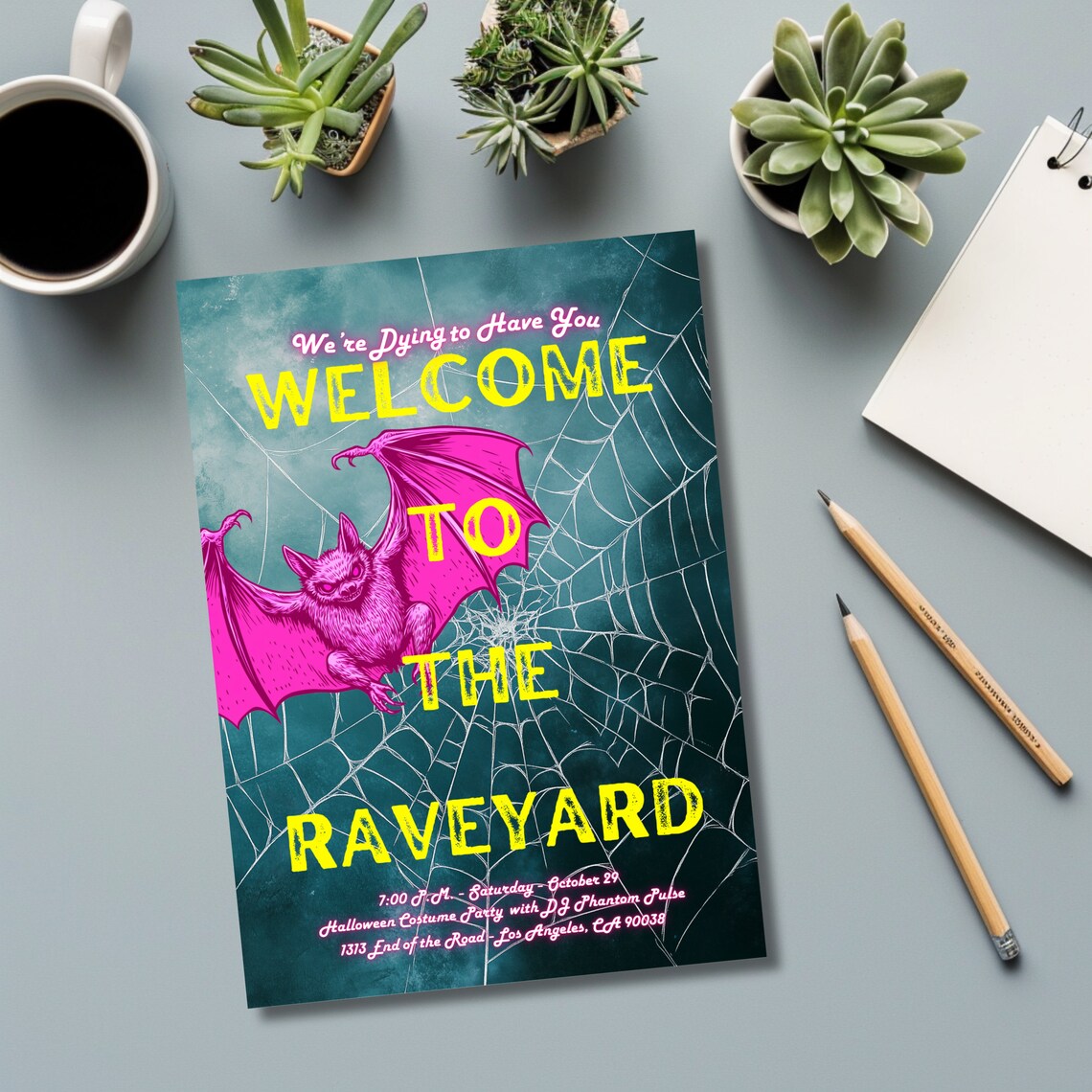 Halloween Rave Party Invitation: Retro Neon Vampire Bat (editable ...