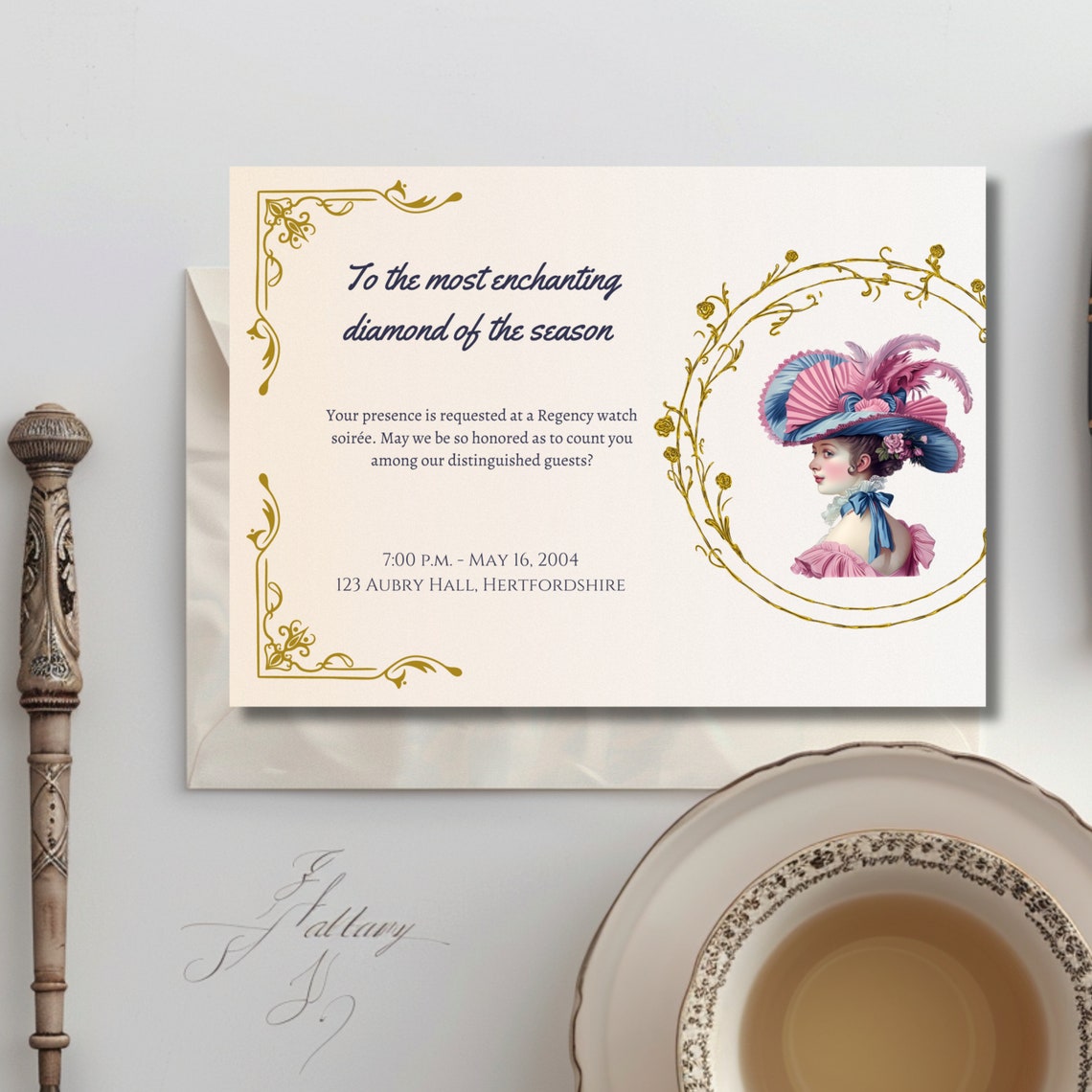 Editable Regency Watch Party Invitation Elegant Portrait of Lady in a ...
