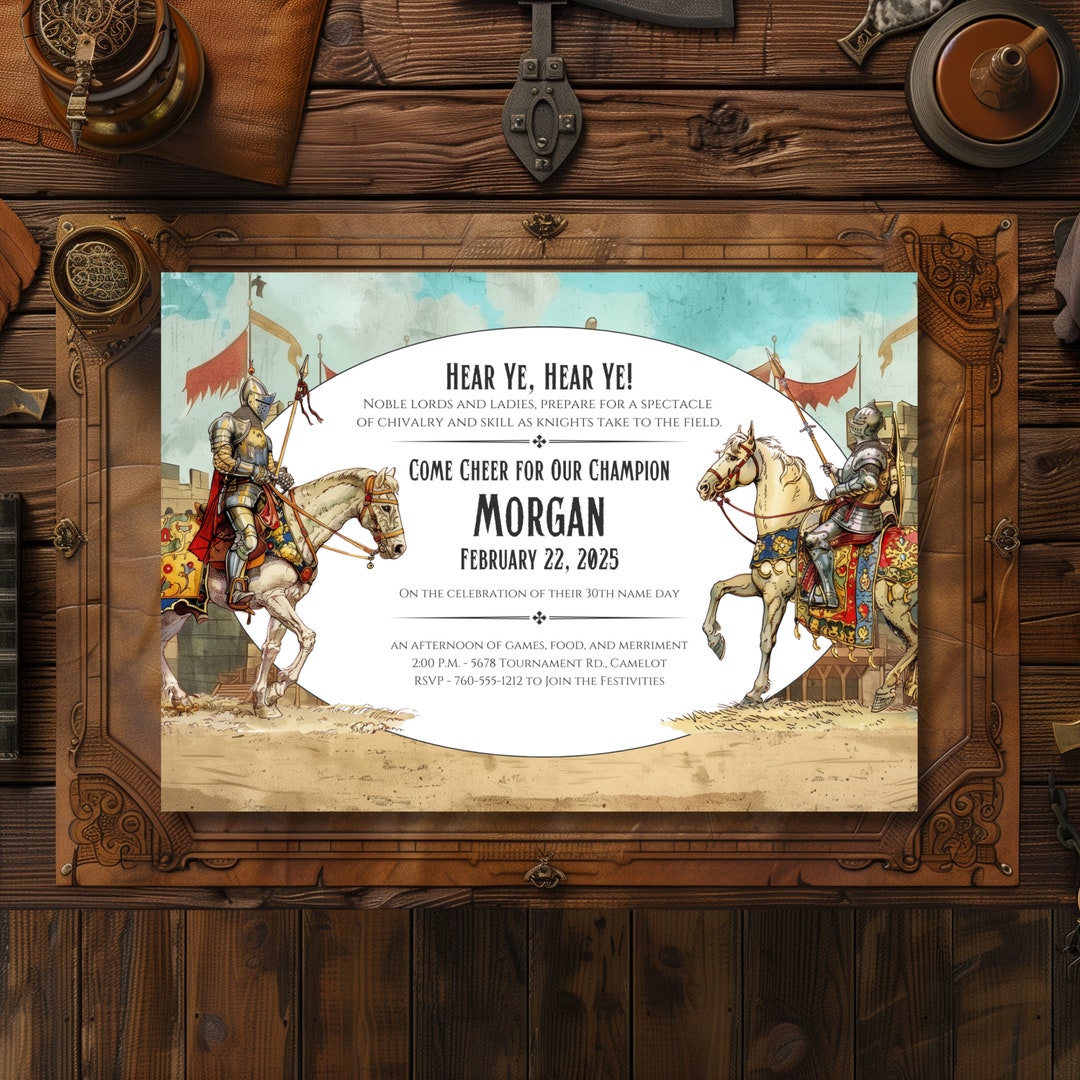 Editable Medieval Camelot Party Invitation - Jousting Knights on White ...