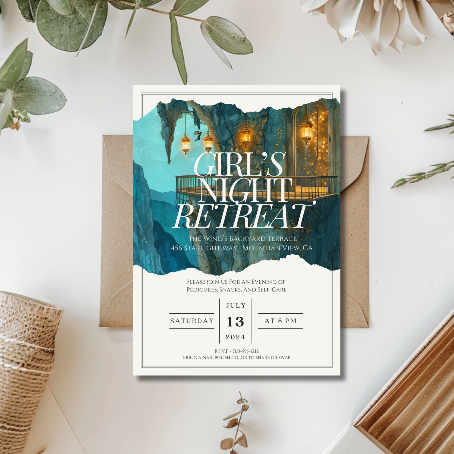 Editable Girl's Spa Night Invitation - Starry Terrace With Winged Fae ...