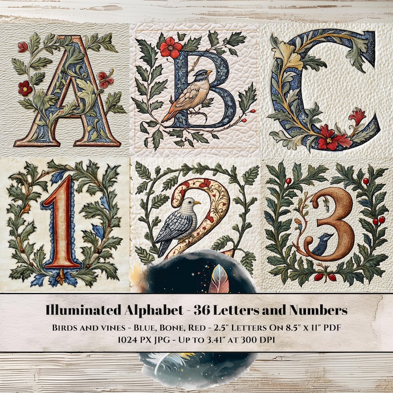 Illuminated Alphabet Clipart - Textured JPG - 36 Letters and Numbers ...