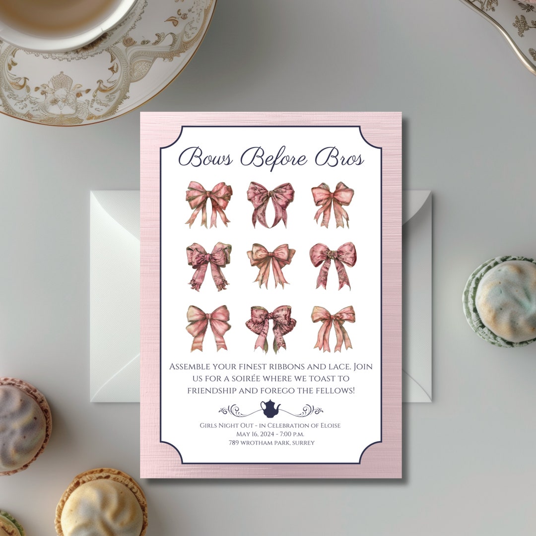 Editable Regency Girls Night Invite Coquette Vintage Pink Bows Before ...