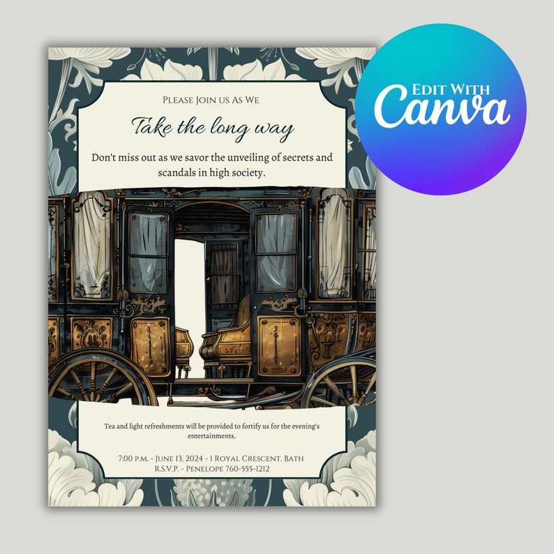 Editable Victorian Tea Party Invitation - Barouche Carriage With Teal ...