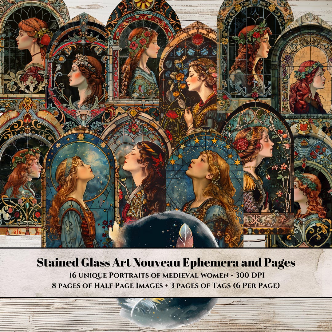 Stained Glass Junk Journal Ephemera Kit - 16 Medieval Women With Floral ...