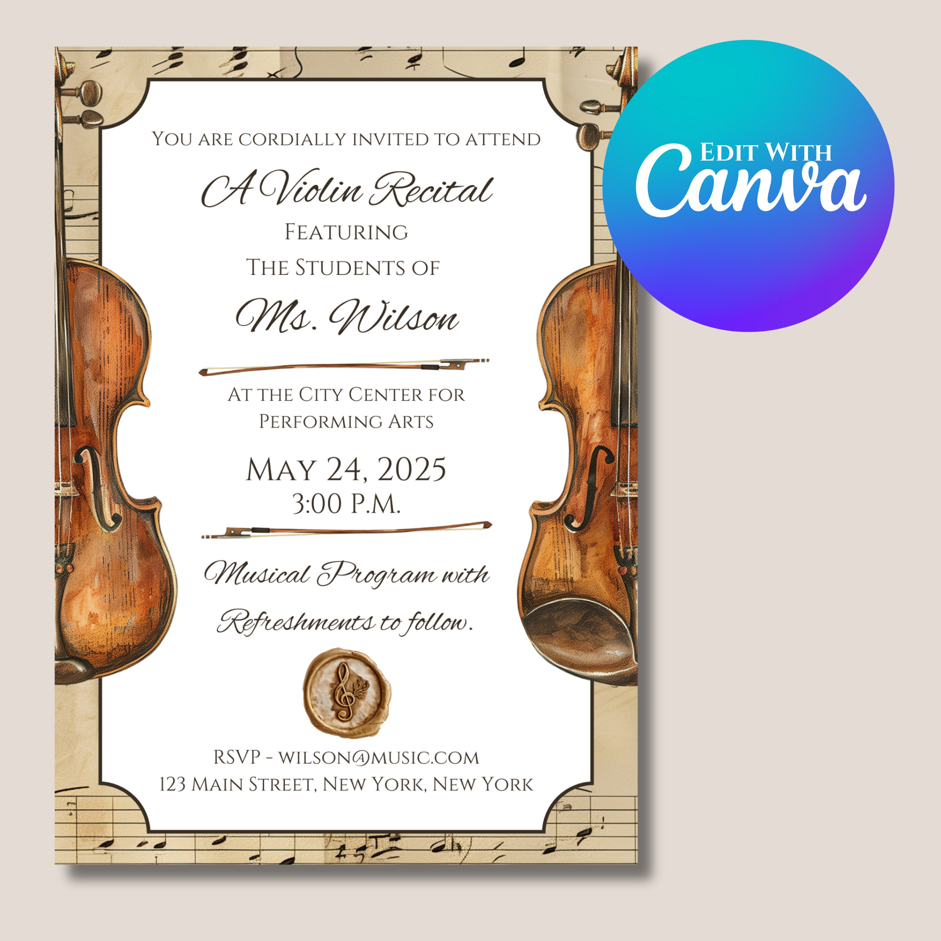 Editable Violin Recital Invitation - for Teachers, Performers, or ...