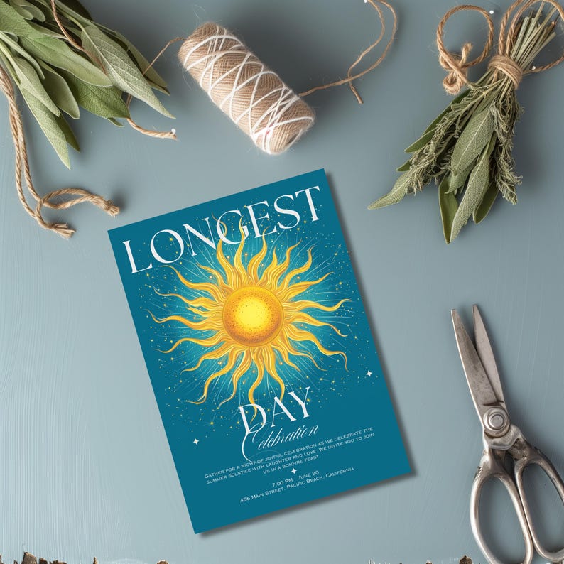 Editable Summer Solstice Party Invitation With Radiant Sun Illustration ...