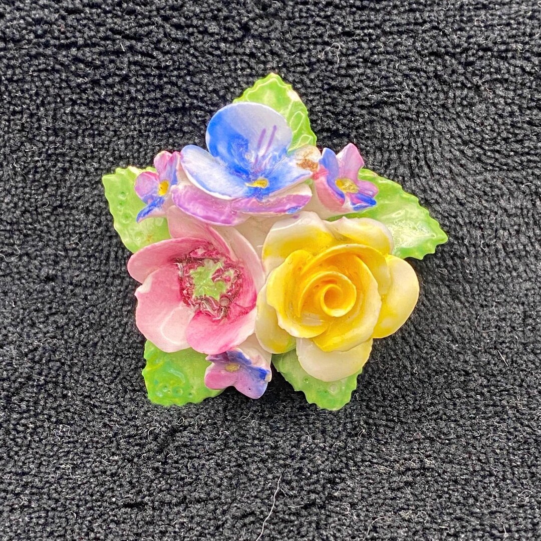 Vintage English Bone China Flower Brooch With Pansy, Yellow Rose and ...