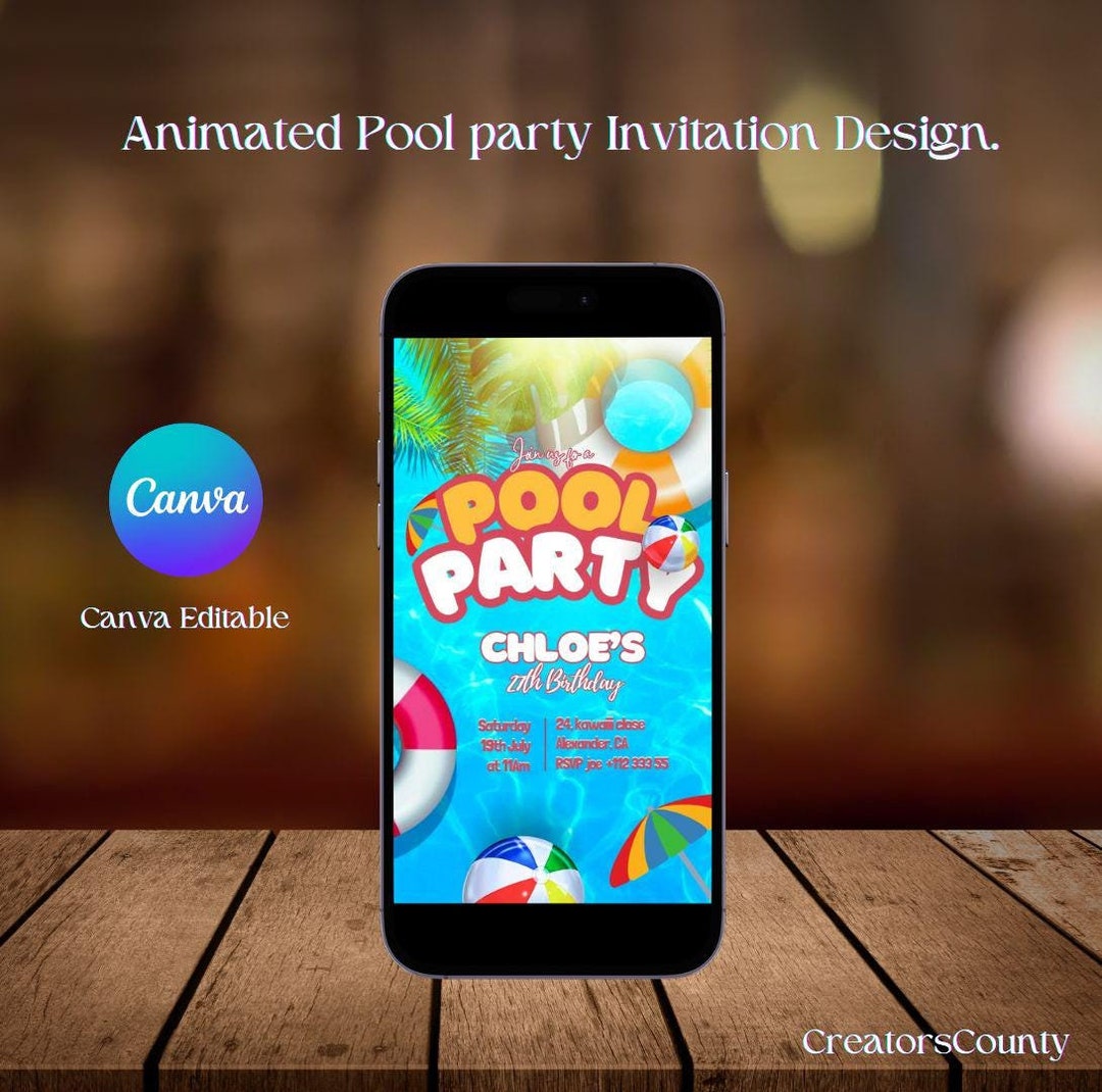 Pool Party Animated Birthday Evite, Beach Theme Tropical Summer Invite ...