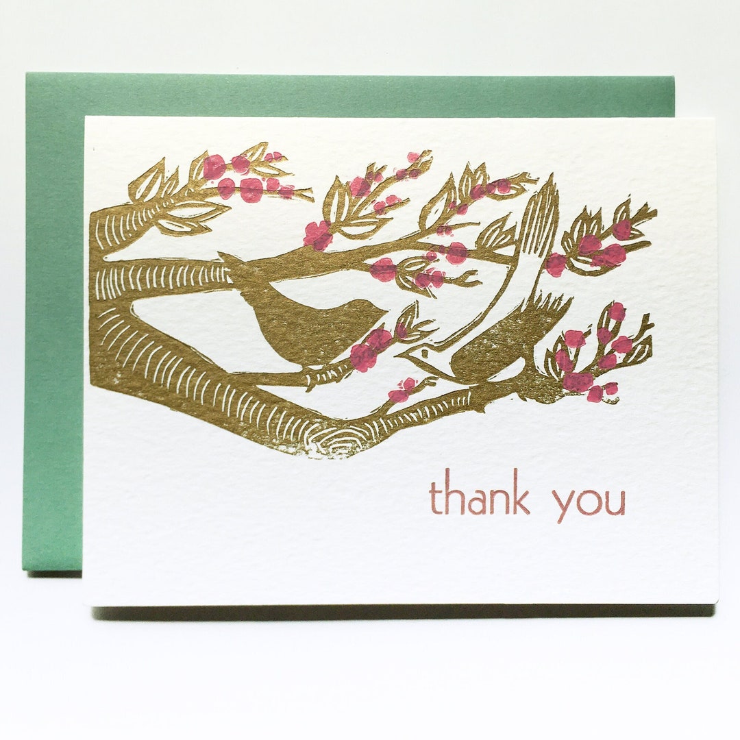 Thank You Birds Letterpress Linocut Card - Etsy
