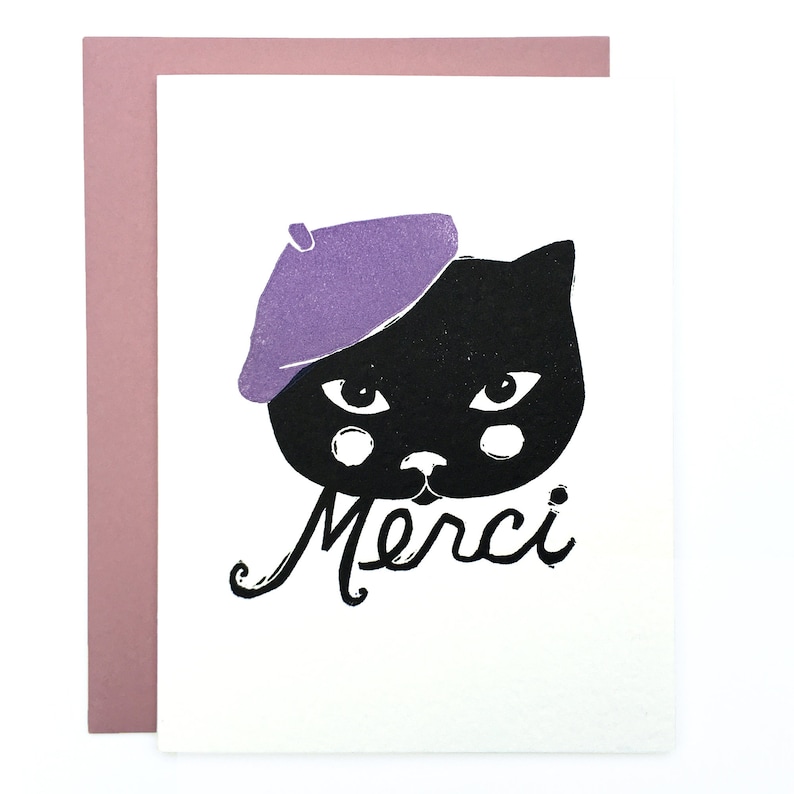 Merci Chat Cat With Beret Letterpress Linocut Thank You Card | Etsy