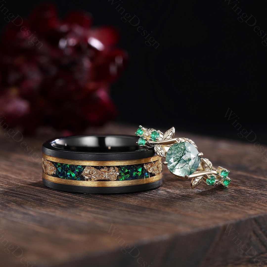 Unique Round Moss Agate Couple Ring His&hers Matching Wedding Ring Set ...