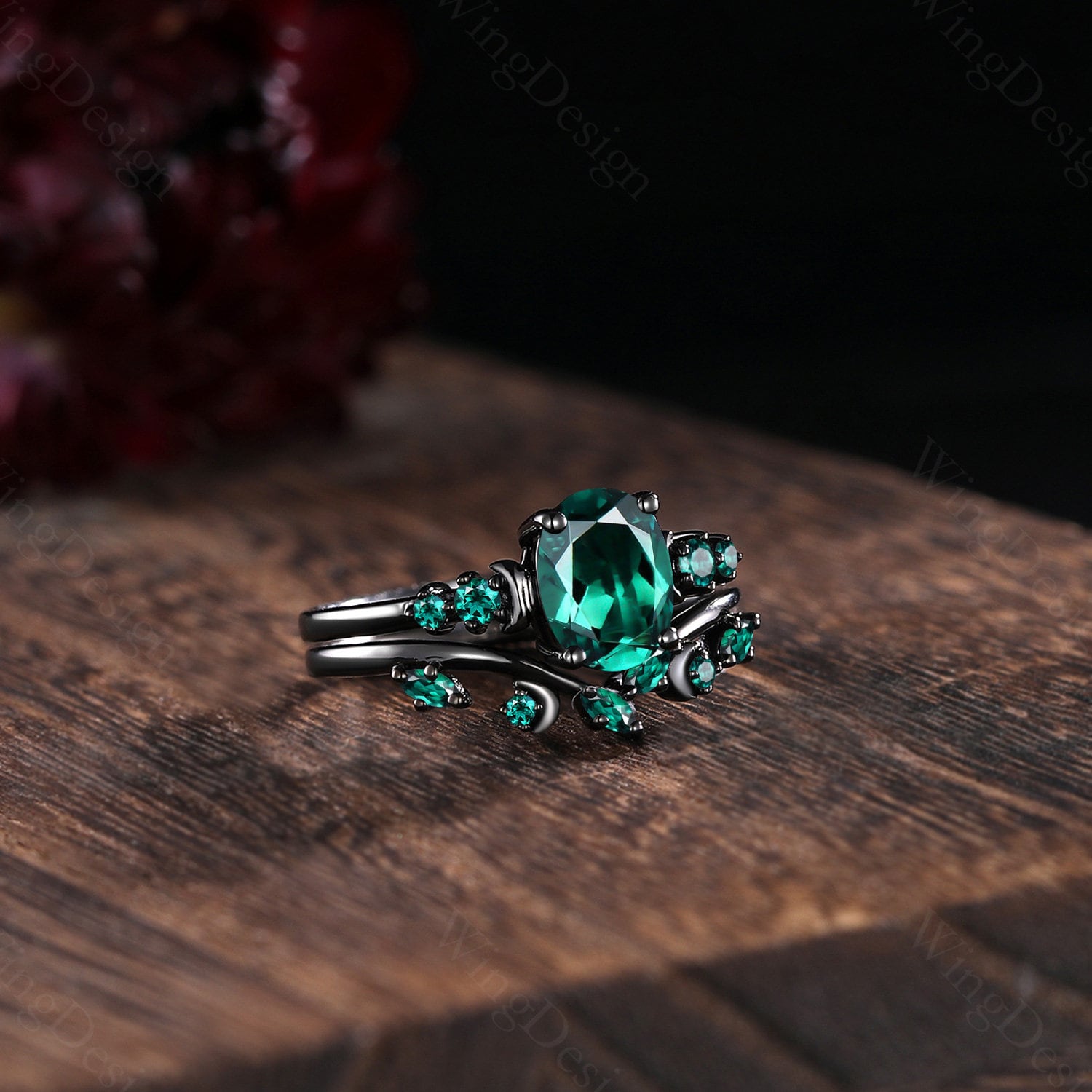 Vintage Emerald Engagement Ring Set Unique Moon Style Emerald Cluster ...