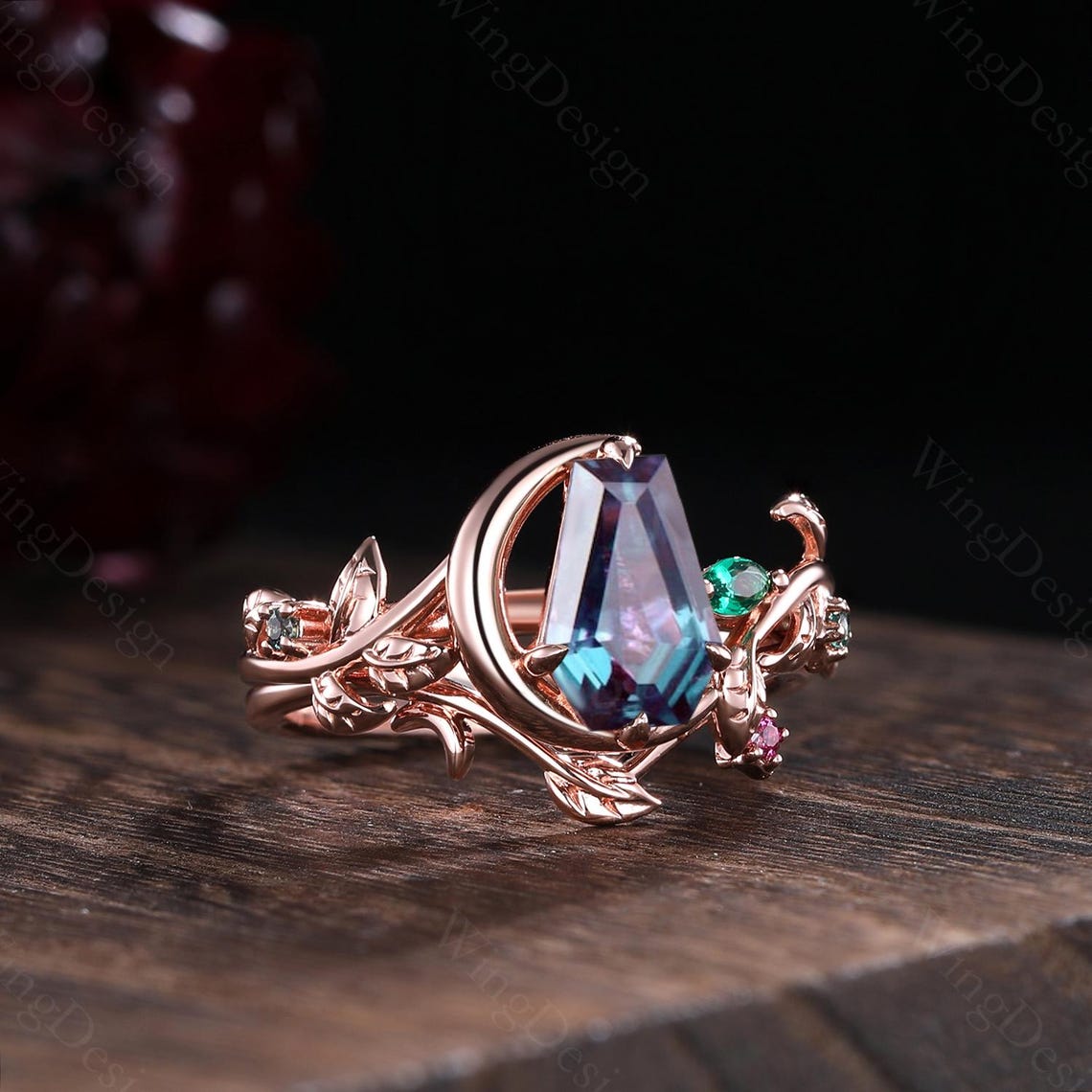 Coffin Cut Alexandrite Engagement Ring Set Unique Crescent Moon Ring ...