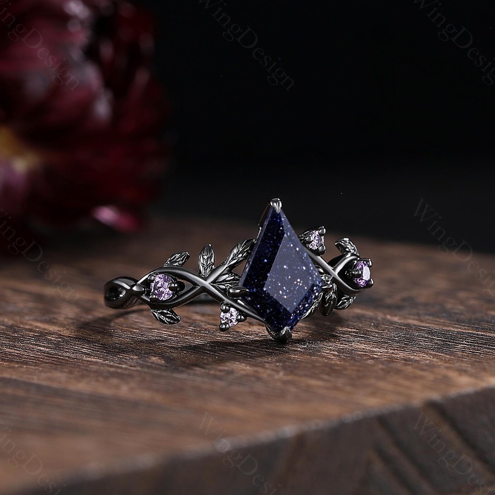 Kite Cut Galaxy Blue Sandstone Ring, Black Gold Twig Leaf Engagement ...