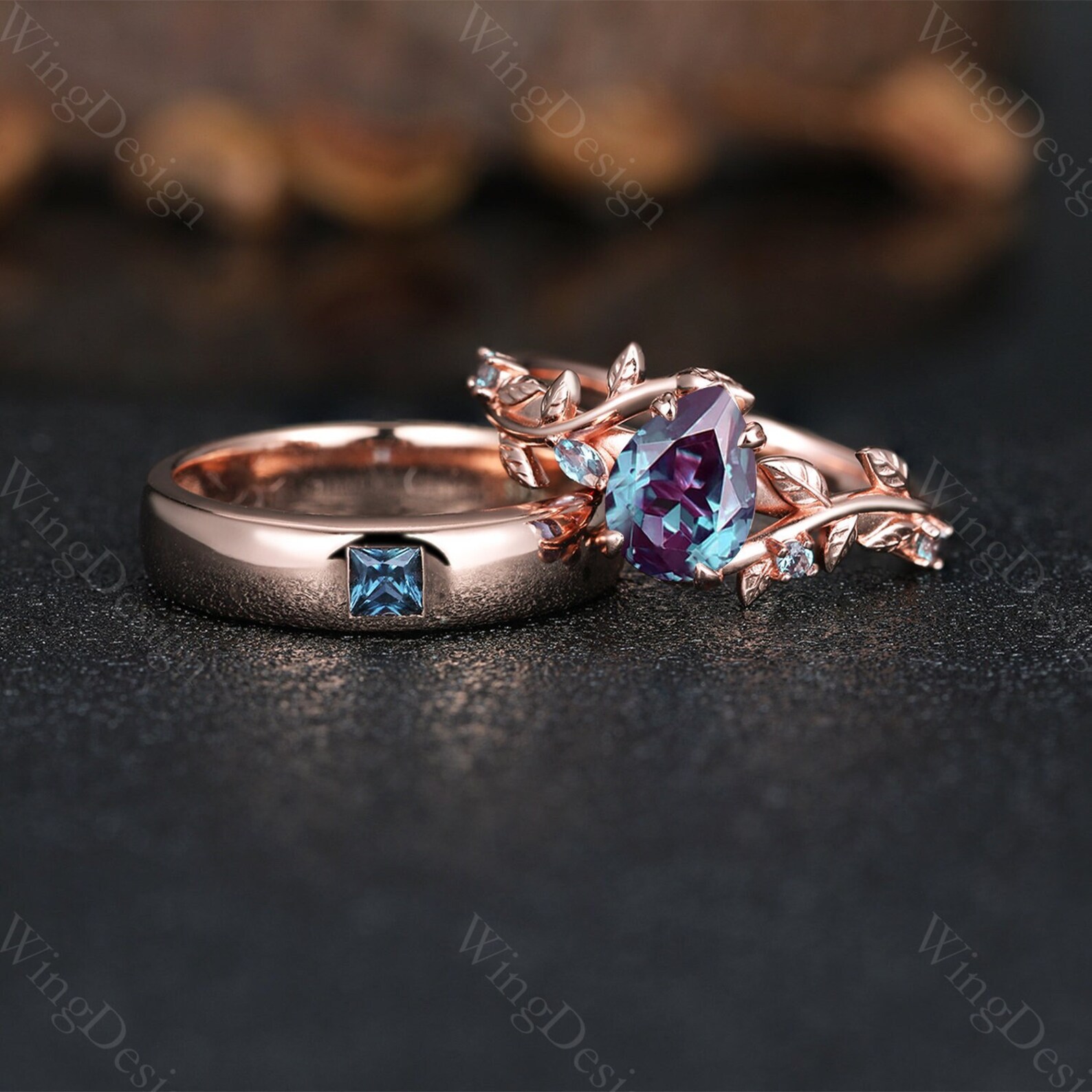 Vintage Alexandrite Engagement Ring Set Rose Gold His and Her Ring ...