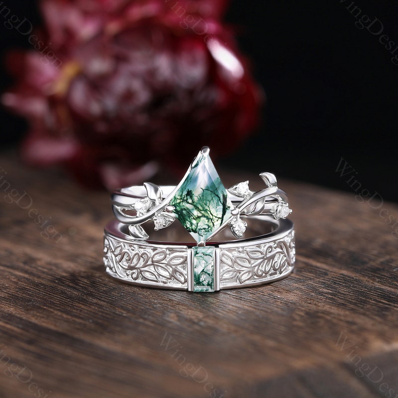 Moss Agate Ring Couple Set - Etsy