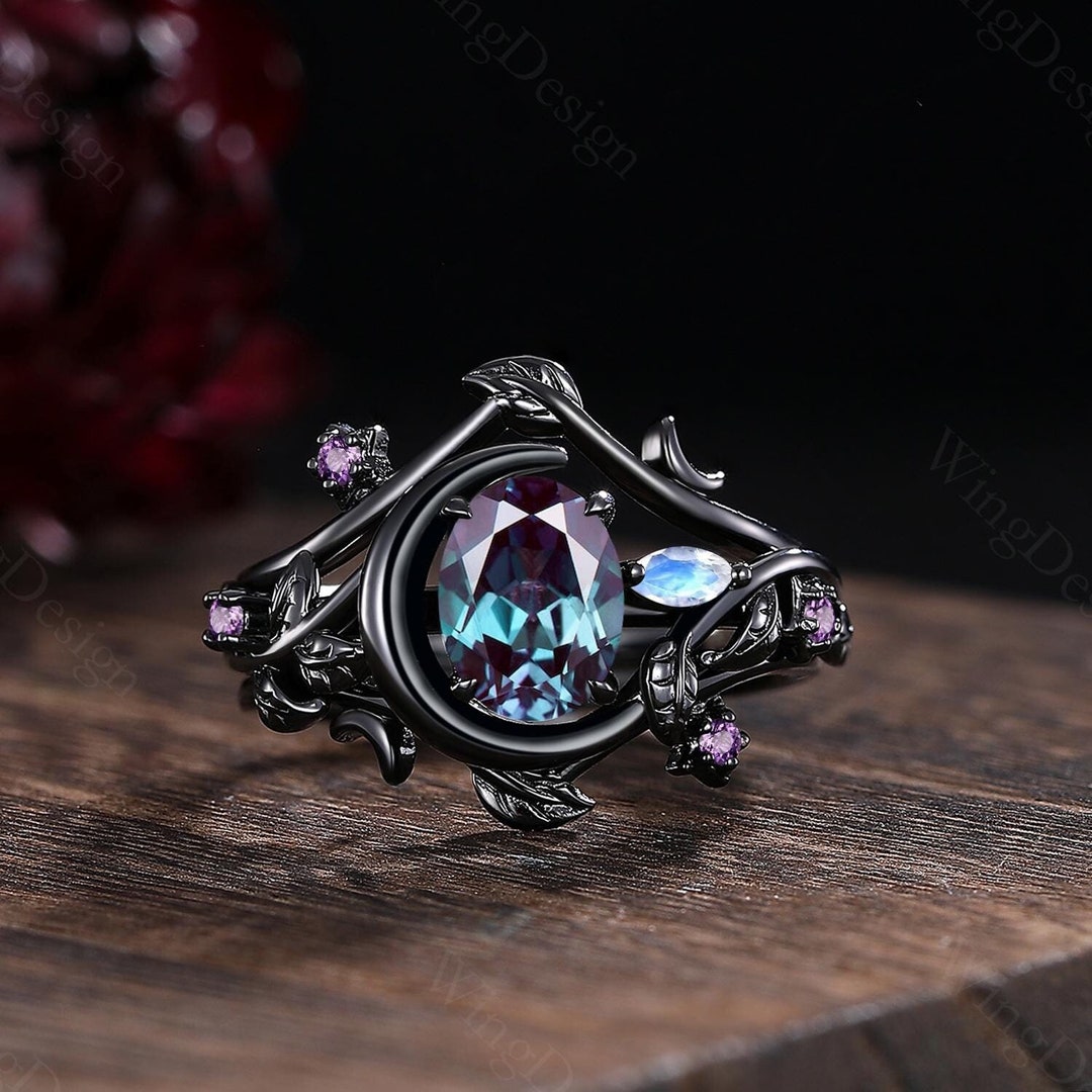 3PCS Alexandrite Engagement Ring Set Unique Moon Style Moonstone ...