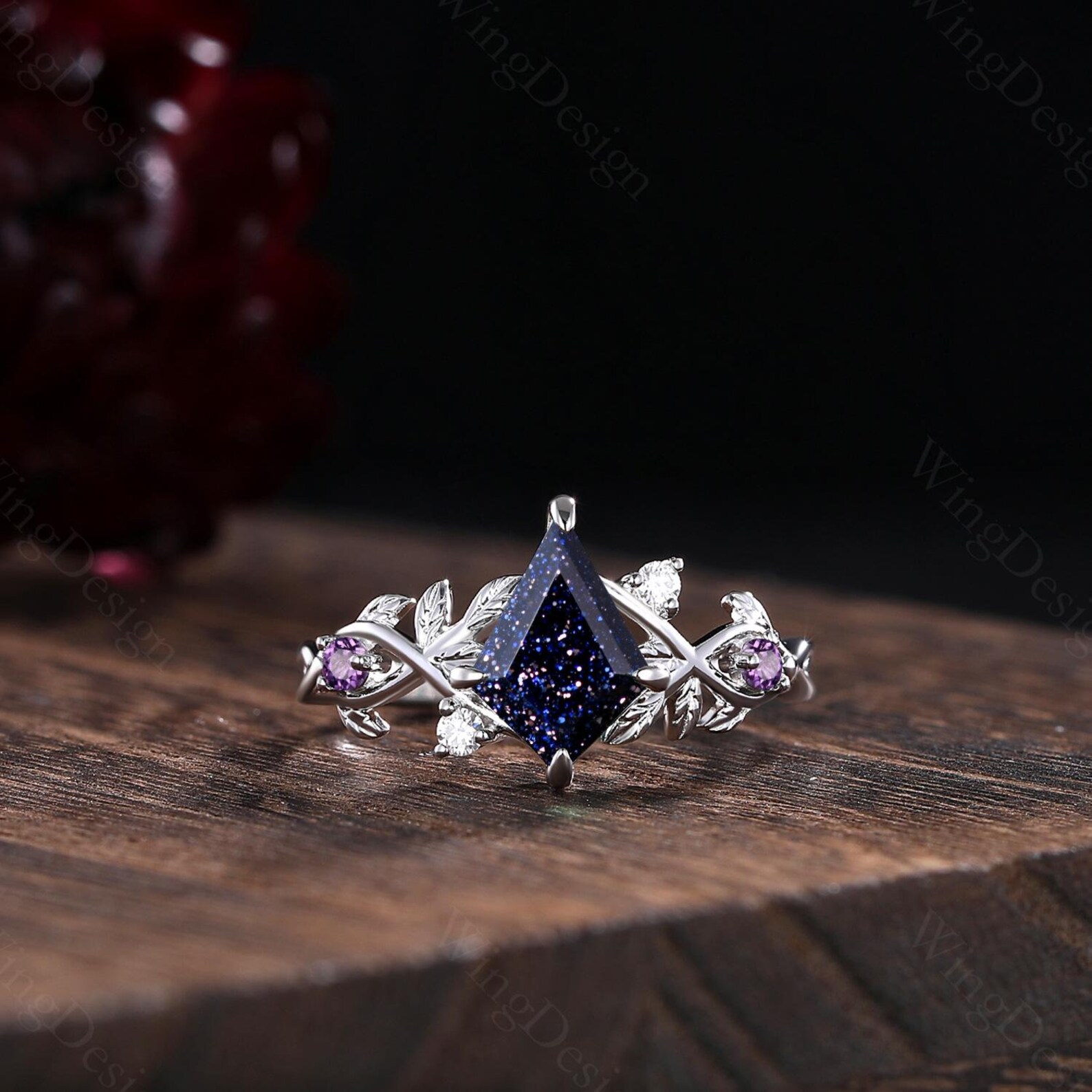 Kite Cut Galaxy Blue Sandstone Ring, Black Gold Twig Leaf Engagement ...
