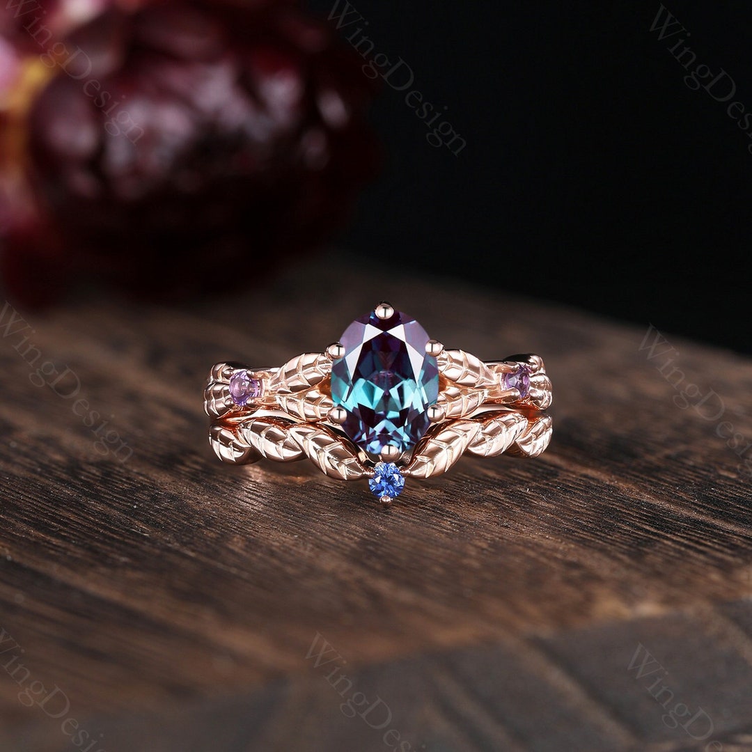 Nature Inspired Alexandrite Engagement Ring Unique Art Deco Leaf Style ...