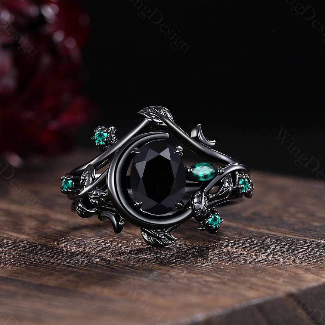 3PCS Gothic Black Onyx Engagement Ring Set Unique Moon Style Black Onyx ...