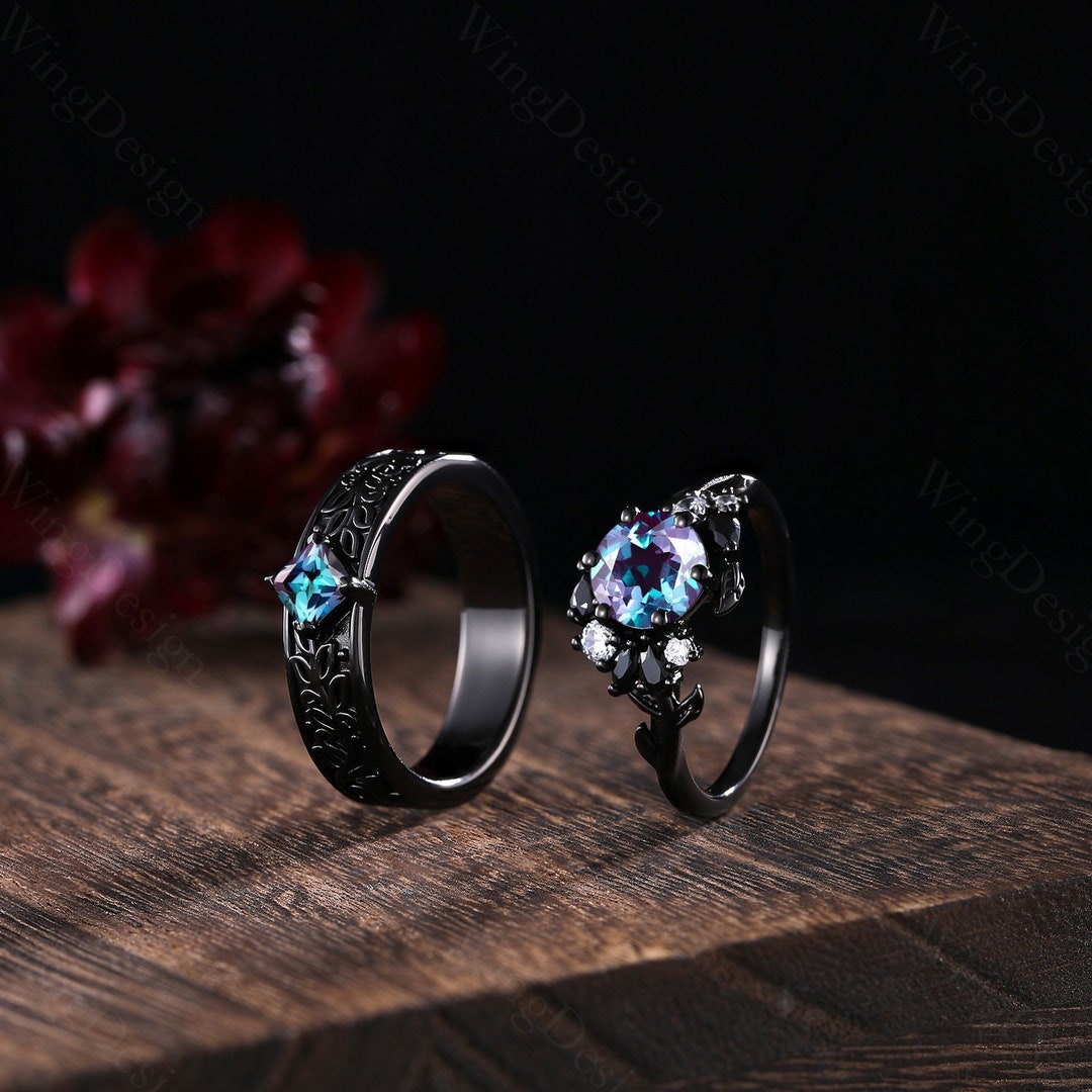 Branch and Leaves Engagement Ring With Alexandrite Unique Black Gold ...