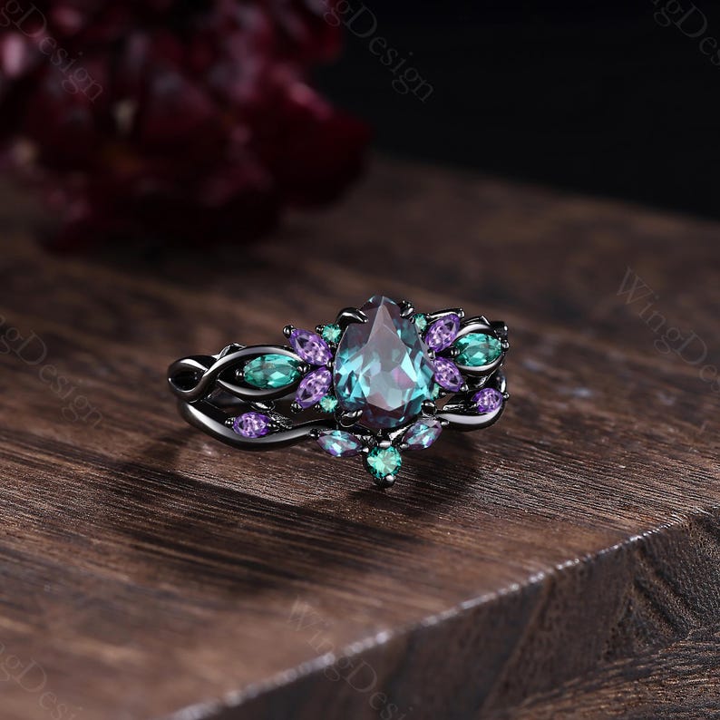Vintage Alexandrite Engagement Ring Set Wedding Ring Set Nature ...