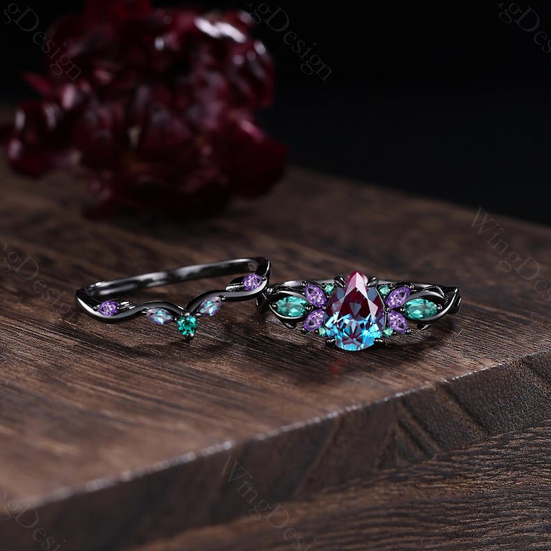 Vintage Alexandrite Engagement Ring Set Wedding Ring Set Nature ...