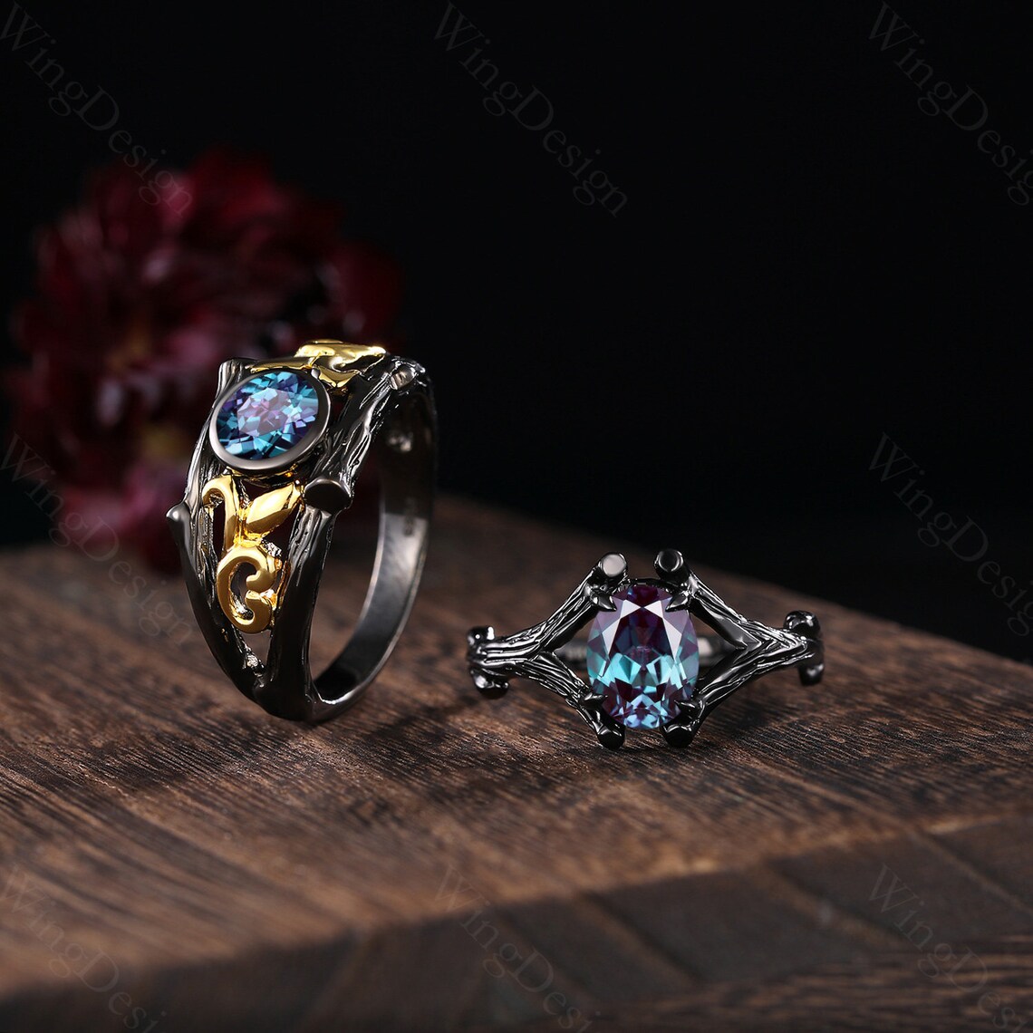 Braided Olive Branch Alexandrite Couples Ring Set Mixed Metals Tree ...
