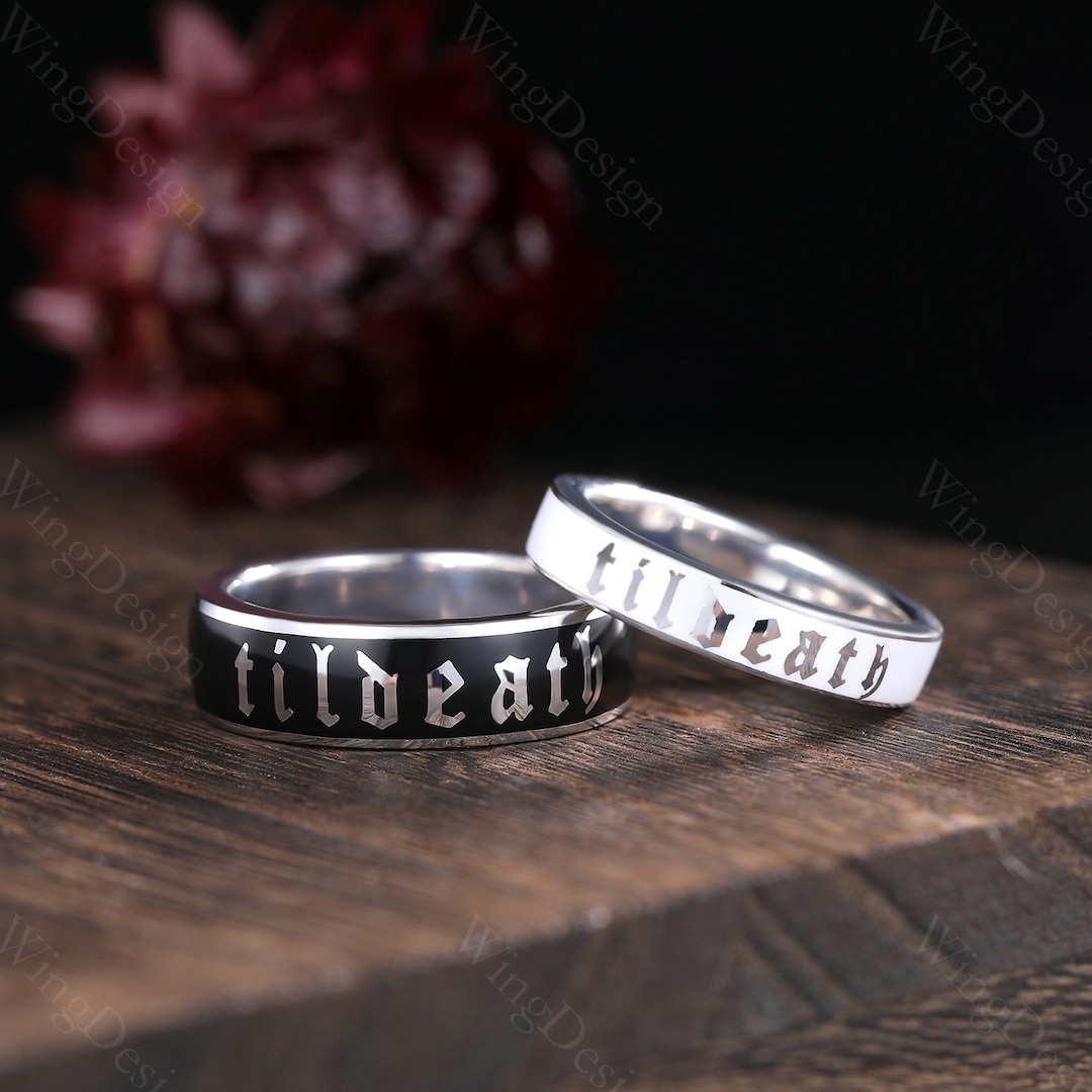 Couples Til Death Black & White Enamel Band Ring, 6mm/4mm His and Her ...