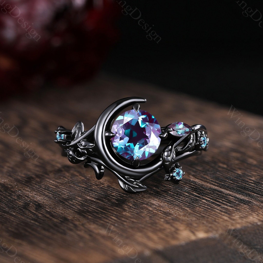 Vintage Alexandrite Engagement Ring Set Unique Crescent Moon Ring ...