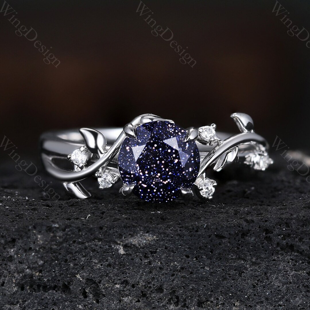 Starry Sky Galaxy Blue Sandstone Engagement Ring Sterling Silver Ring ...