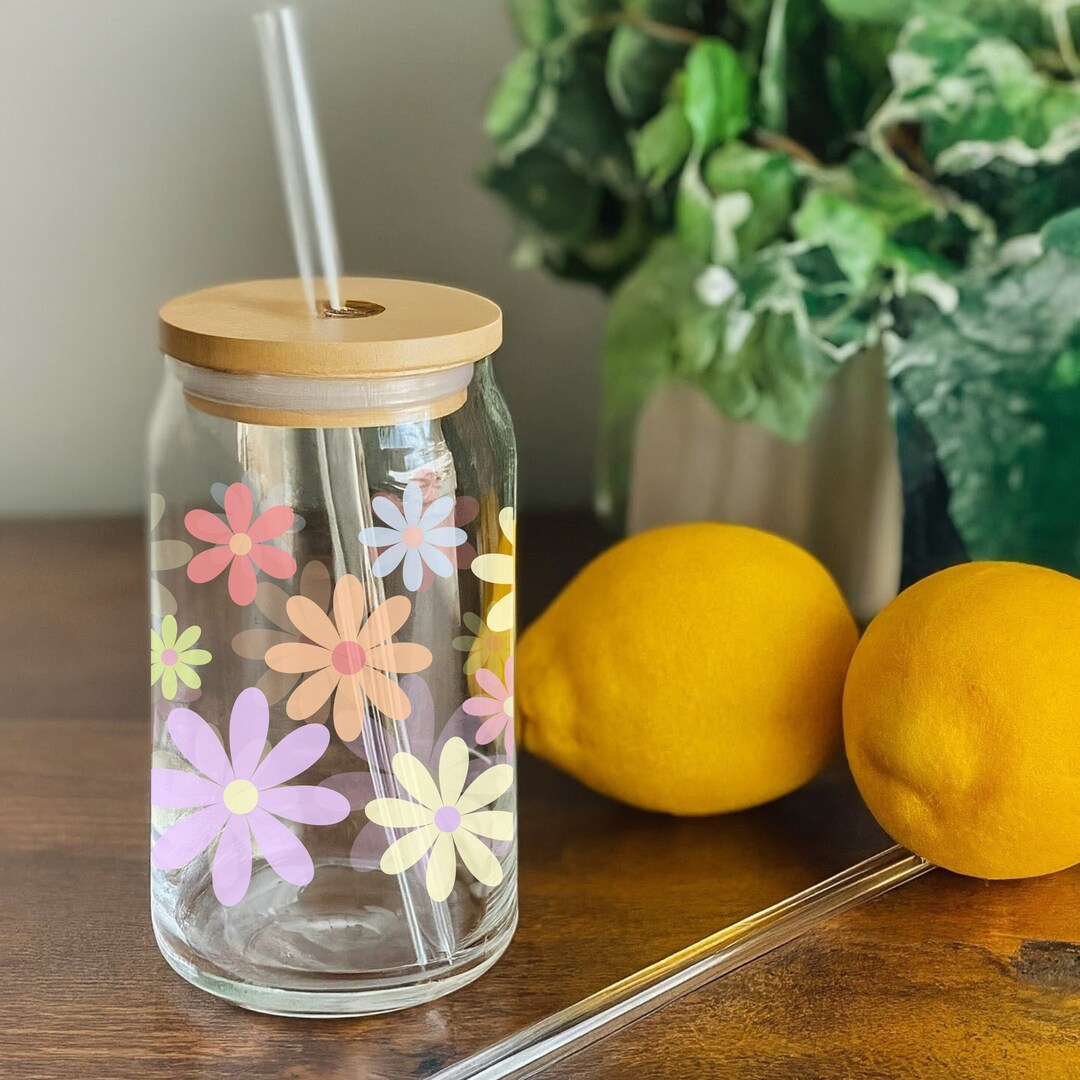 Flower Tumbler, Floral Glass Cup, Flower Cup Glass (16oz) Lid and Straw ...