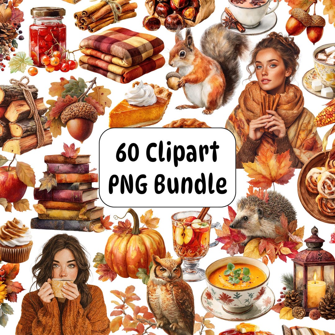 Autumn Watercolor Clipart PNG Bundle, Cozy Fall Graphics (commercial ...